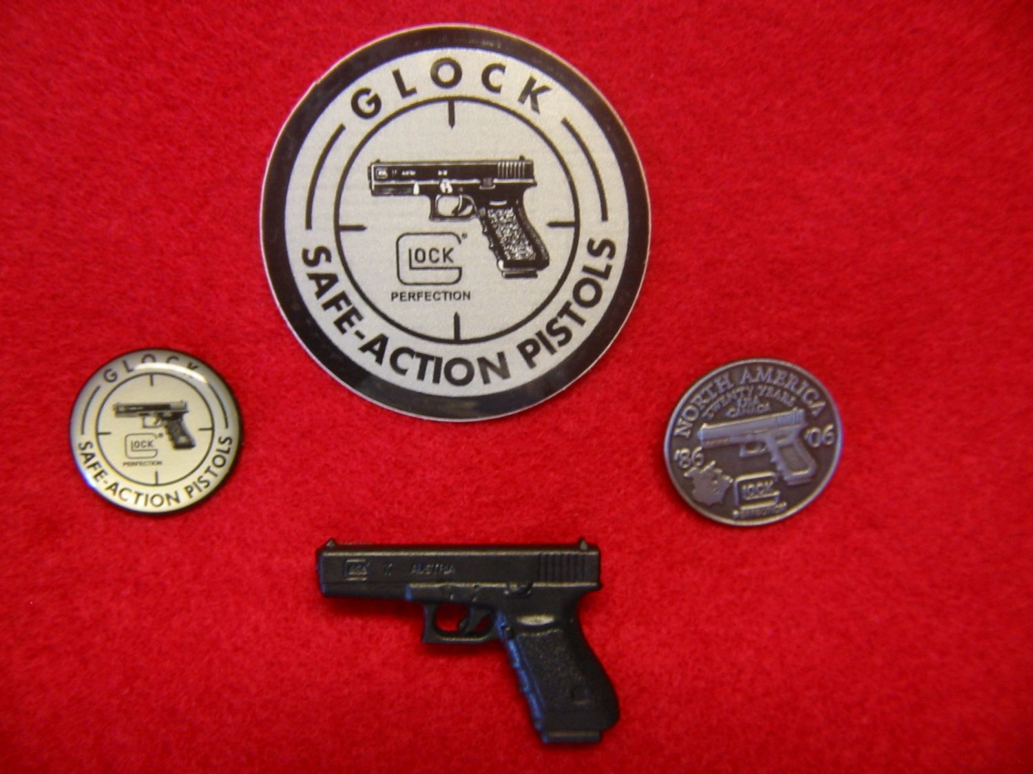 Glock 4 Items (3 Pins, 1 decal) Hat Lapel Tie Tack Gun Pins