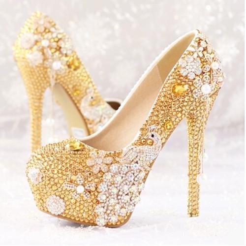 new fashion Women shoes gold diamond bridal shoes with flowers peacock ...