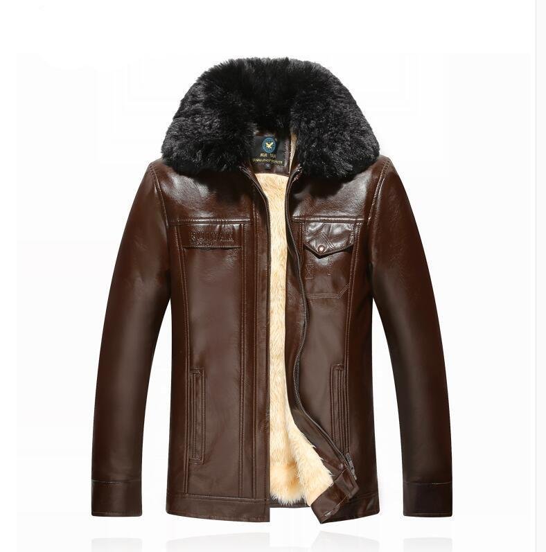New men\'s leather jacket winter thick fur collar wool middle-aged ...
