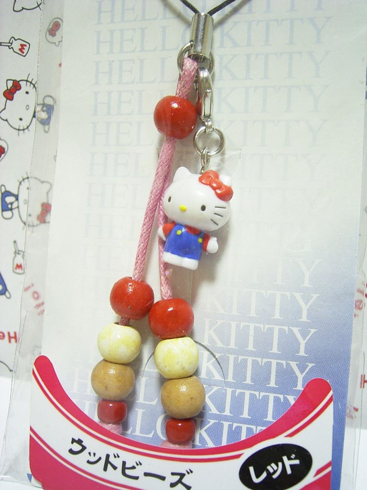 HELLO KITTY Cell Mobile Phone Charm Figure Strap Wood Beads MADE IN ...