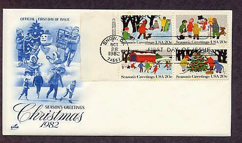 USPS Christmas Stamps, 1982, Children Sledding, Building a Snowman, Ice ...