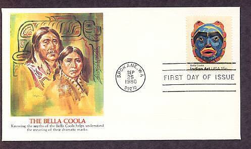 Tribal American Indian Masks, Bella Coola Mask, Folk Art, First Issue USA