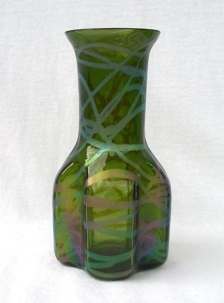 Art Glass Vase with Iridescent Overlay Hand Blown Pinched at Base