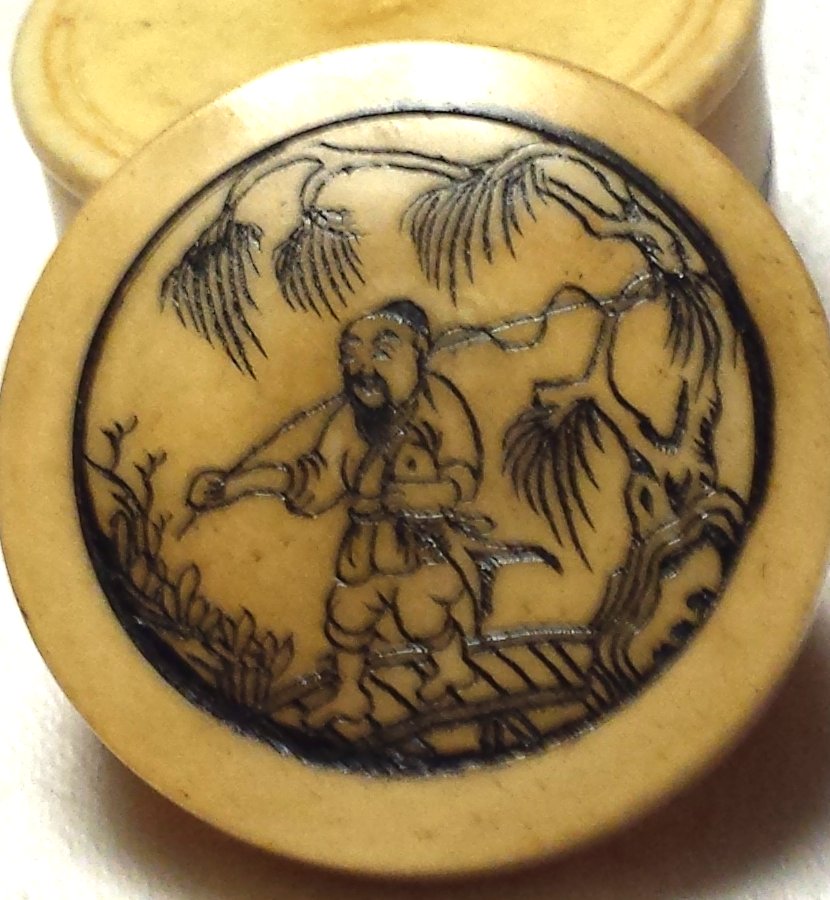 Chinese Faux Ivory Scrimshaw Box Fisherman with Fish