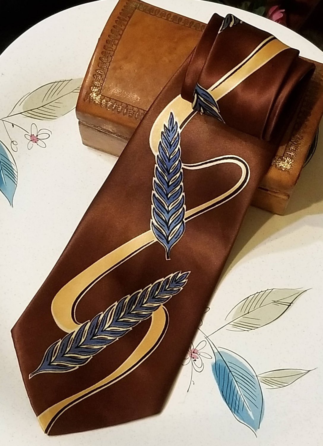 Vintage Silk Necktie with Bold Print Blue and Brown c. 1940s-1950s