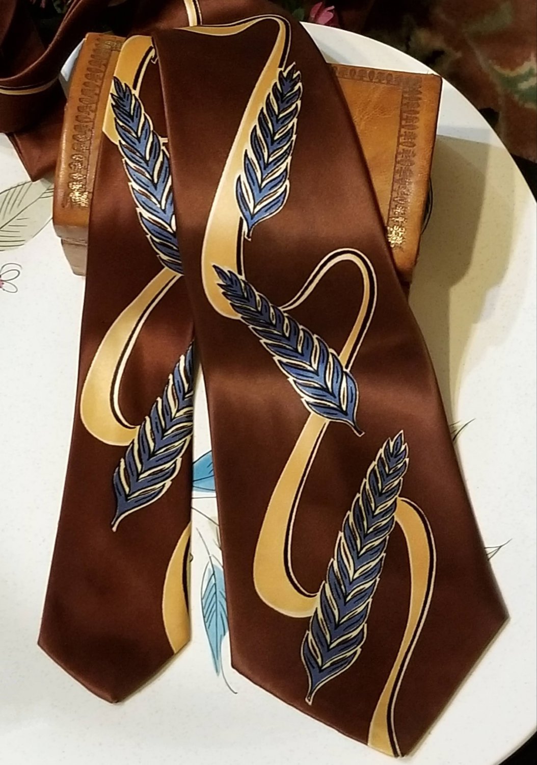 Vintage Silk Necktie with Bold Print Blue and Brown c. 1940s-1950s