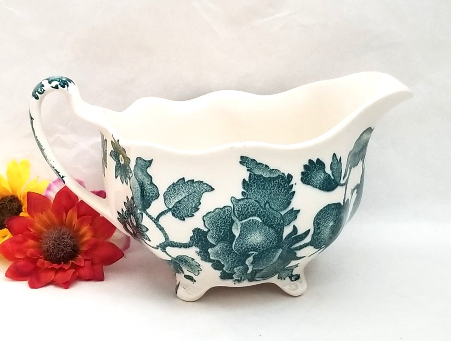 English Chippendale Gravy/ Pitcher Teal Green Vintage Johnson Bros.