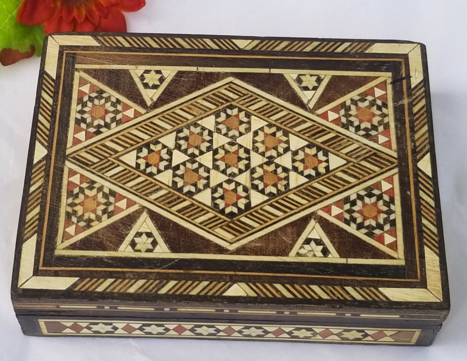 Wood Inlay Card Box, Floral & Geometric Design, Holds One Deck
