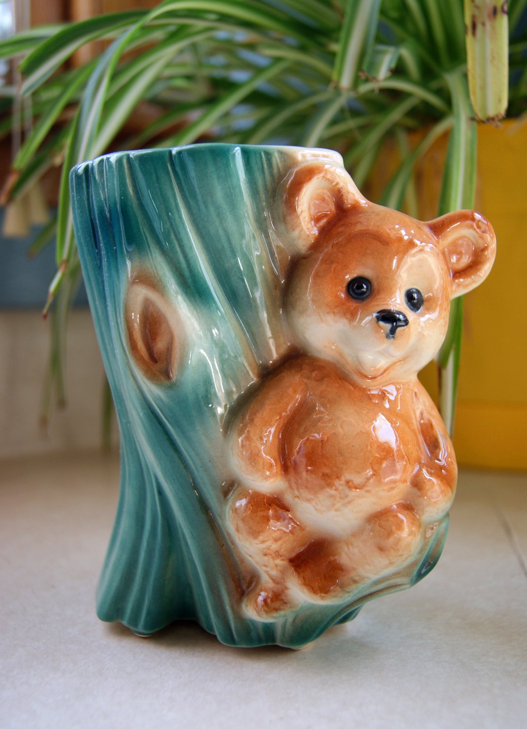 Vintage Royal Copley Teddy Bear on a Tree Stump Vase Planter Glossy ...
