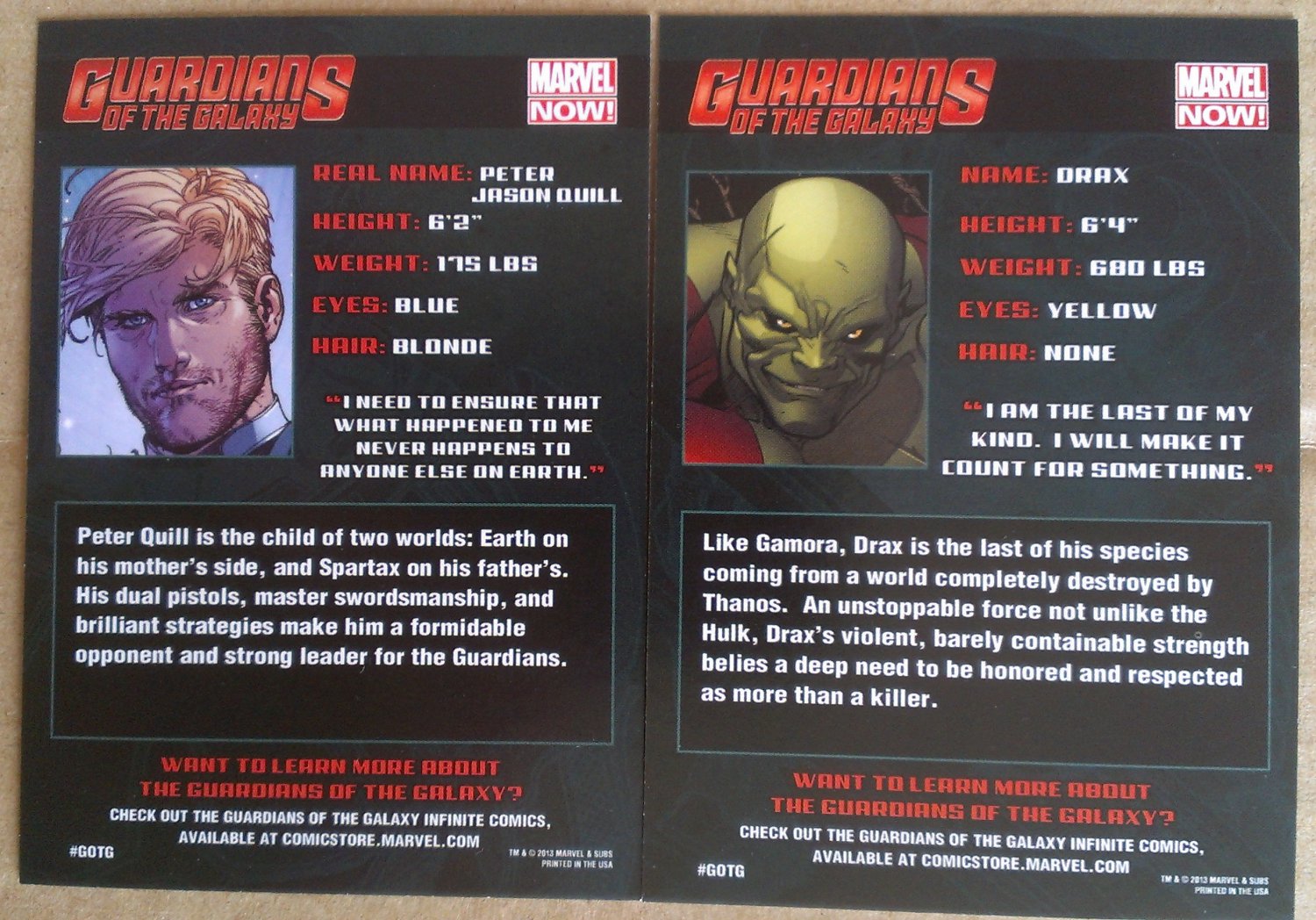 NYCC 2013 Marvel Guardians Of The Galaxy Trading Cards Set of 2