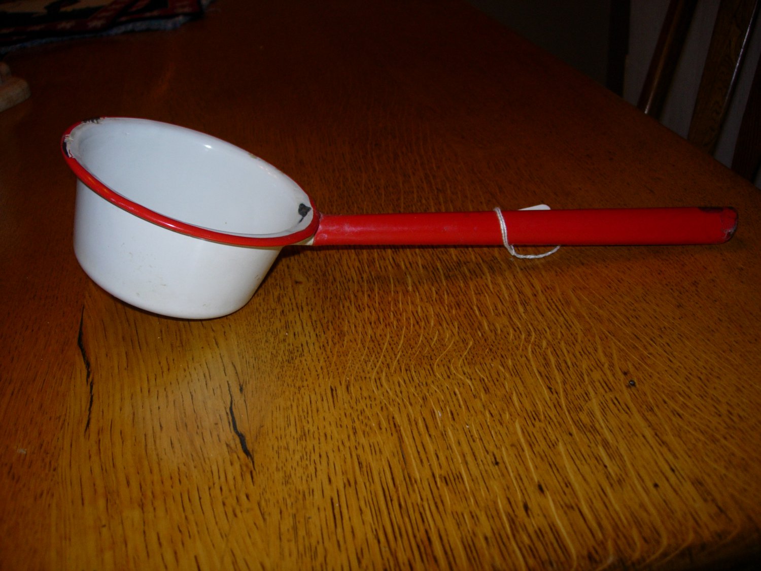 Vintage White Porcelain Enamelware Water Dipper with Red Trim
