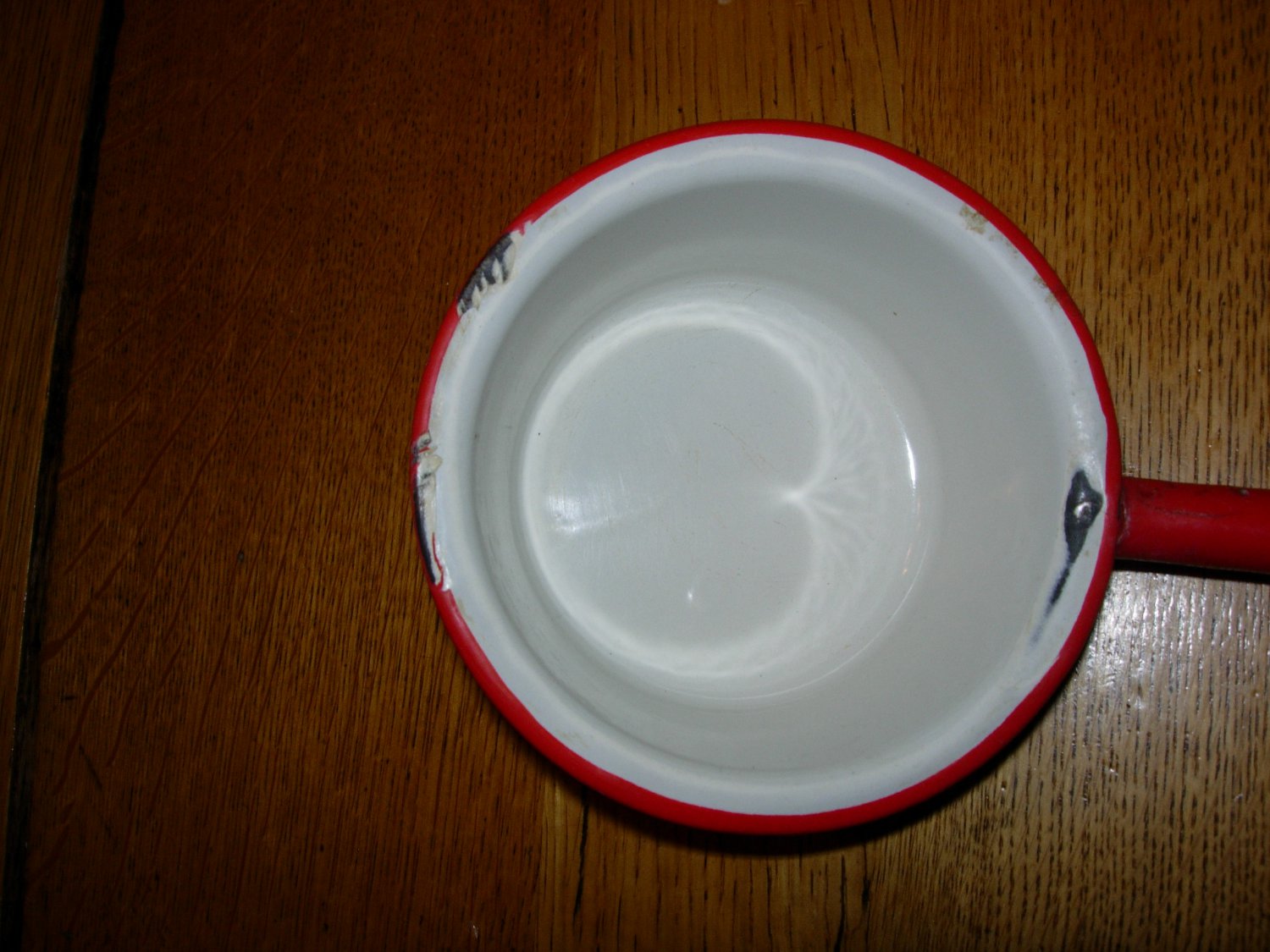 Vintage White Porcelain Enamelware Water Dipper with Red Trim