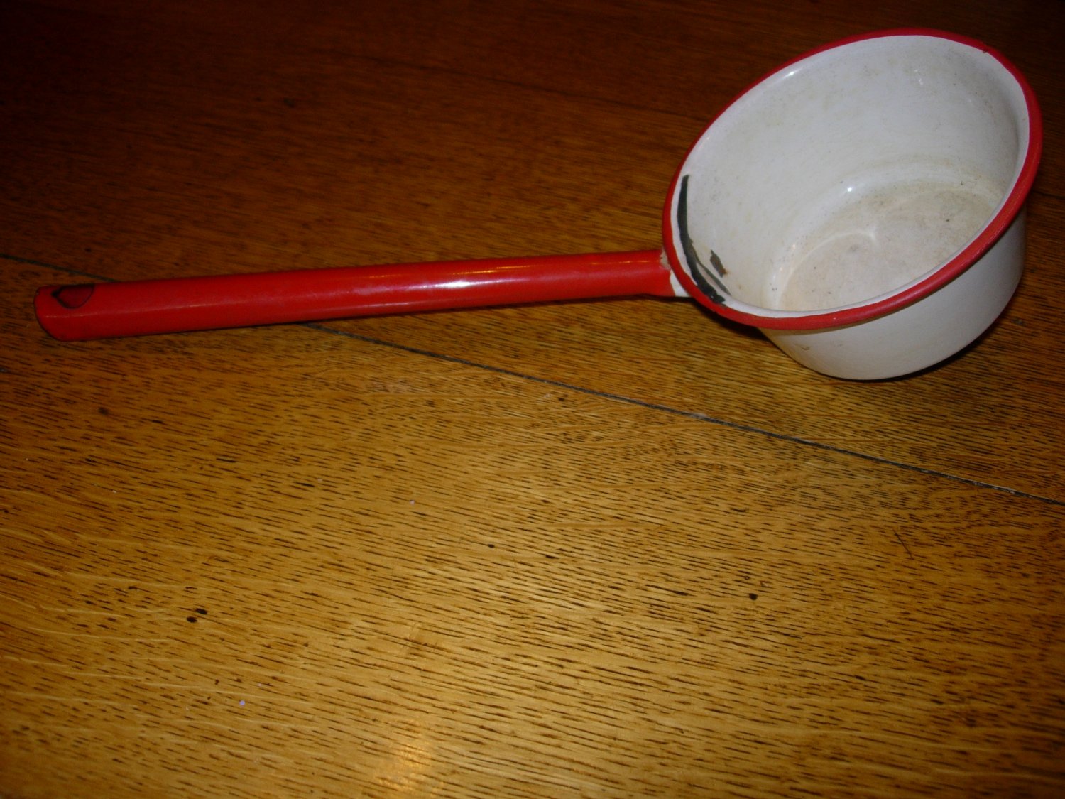 Vintage White Porcelain Enamelware Water Dipper with red trim