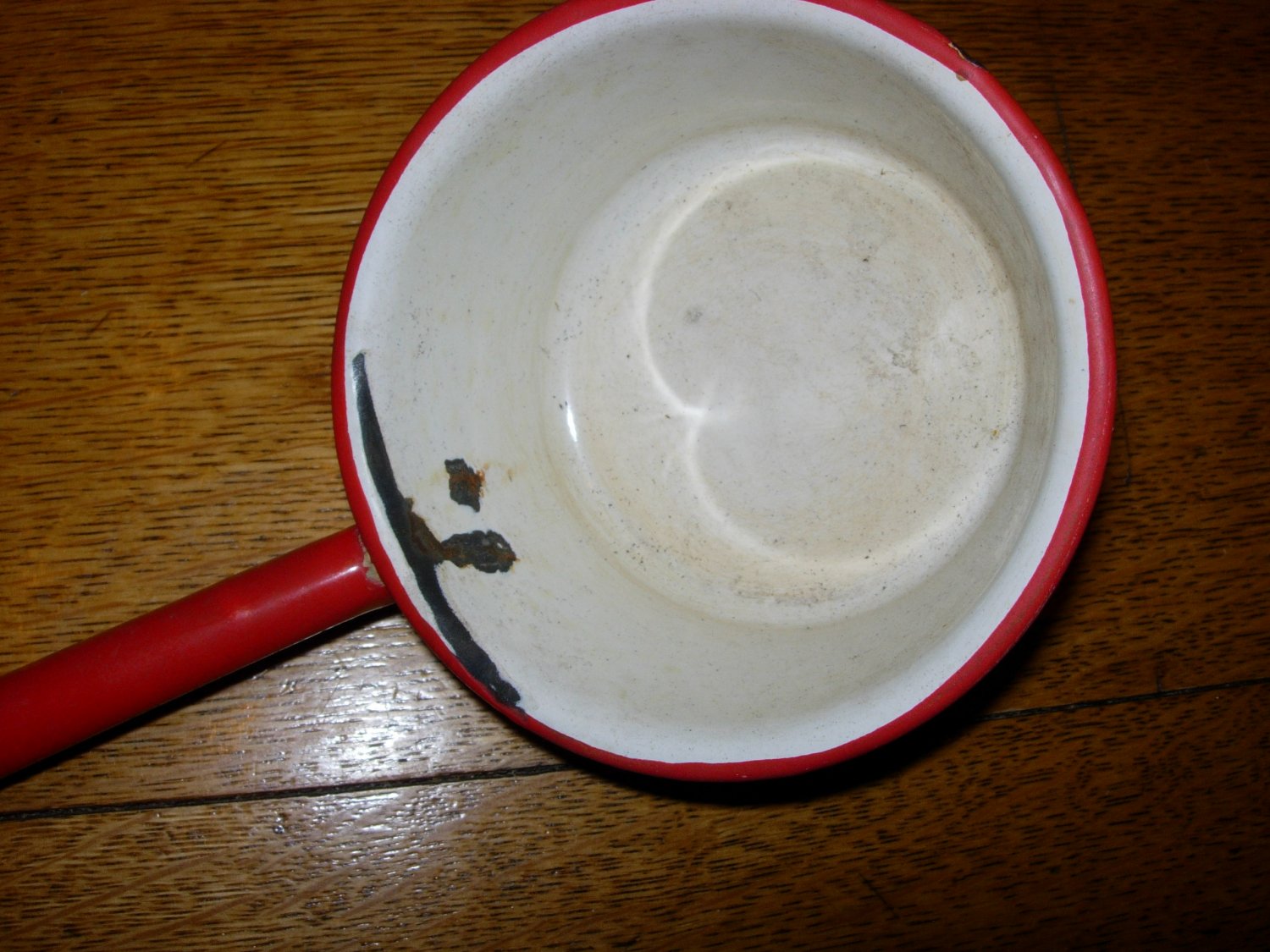 Vintage White Porcelain Enamelware Water Dipper with red trim