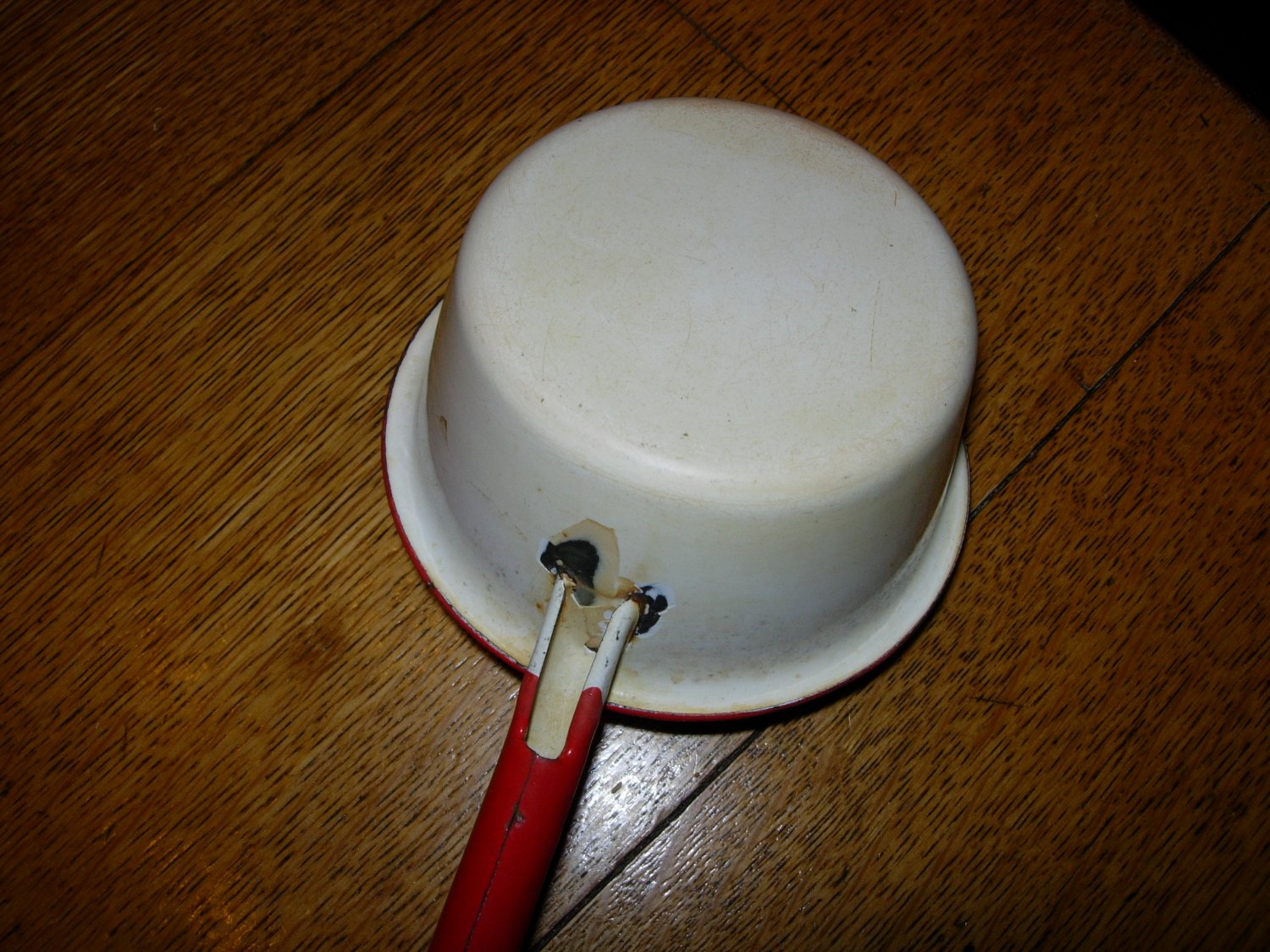 Vintage White Porcelain Enamelware Water Dipper with red trim