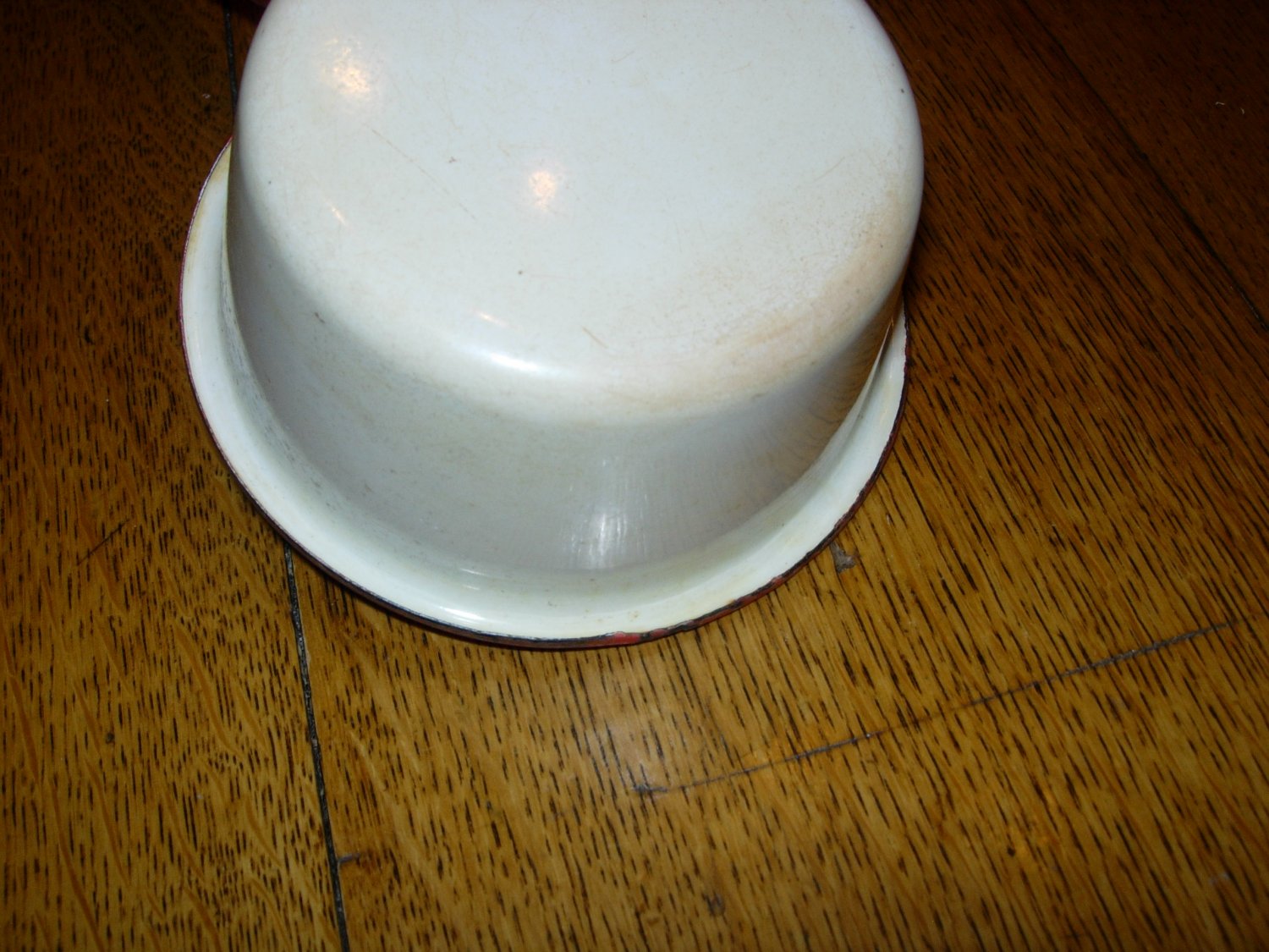 Vintage White Porcelain Enamelware Water Dipper with red trim
