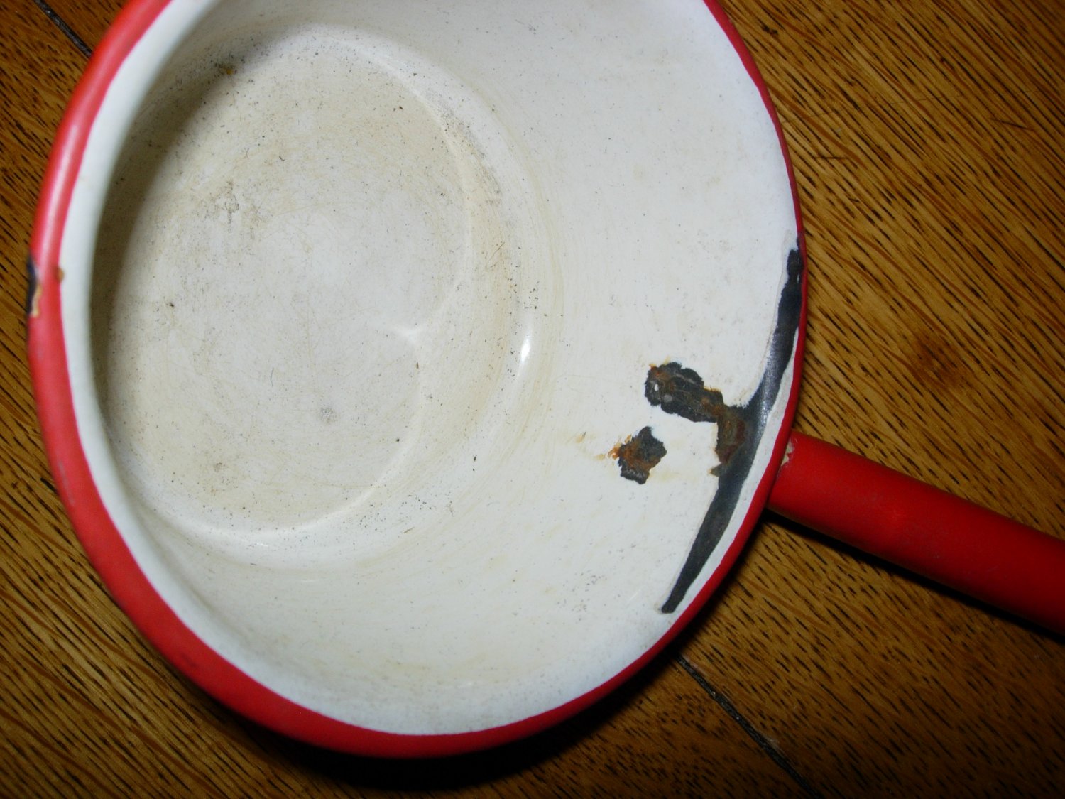 Vintage White Porcelain Enamelware Water Dipper with red trim