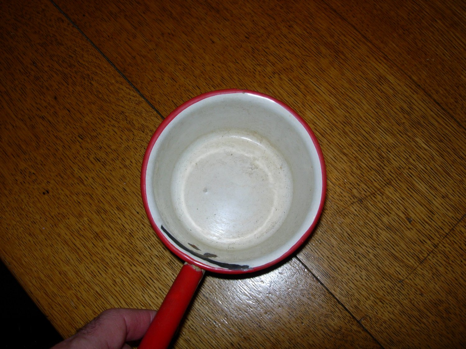 Vintage White Porcelain Enamelware Water Dipper with red trim