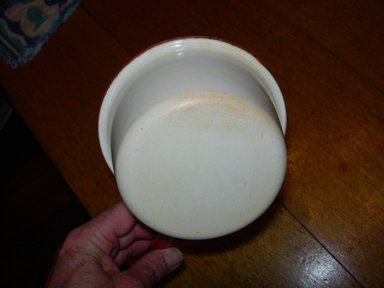 Vintage White Porcelain Enamelware Water Dipper with red trim