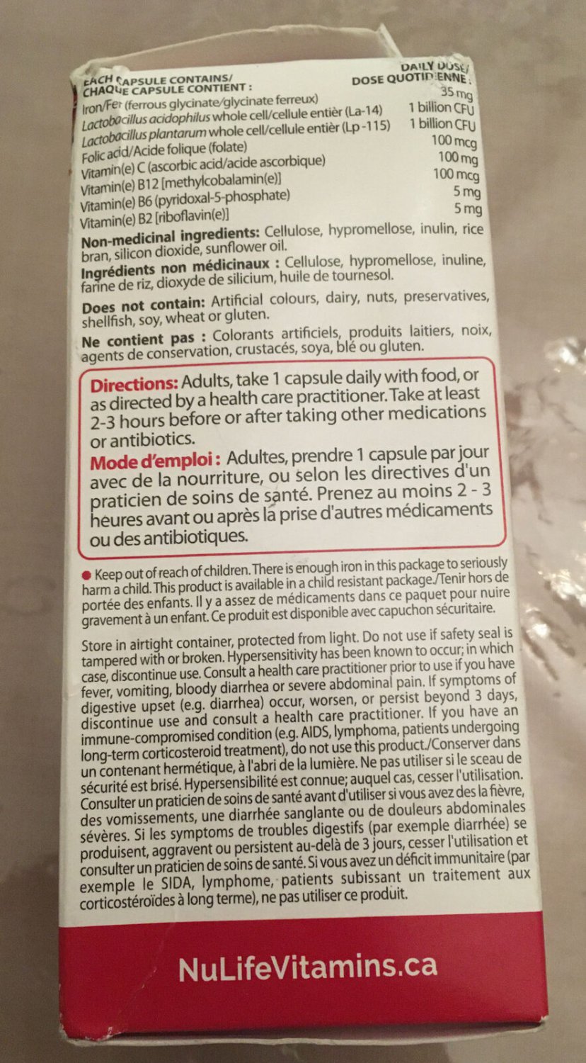 Nu Life iron therapy builds blood cells Dual Strain Probiotics 60 Capsules