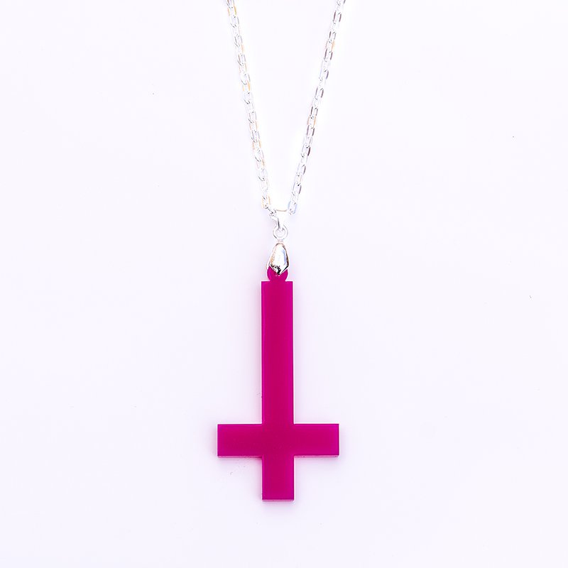 Hot Pink Acrylic Upside Down Inverted Cross (St Peter/Petrine) Necklace