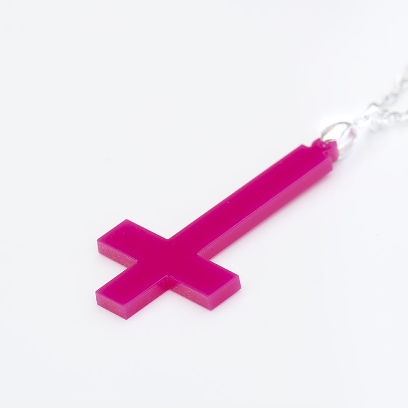 Hot Pink Acrylic Upside Down Inverted Cross (St Peter/Petrine) Necklace