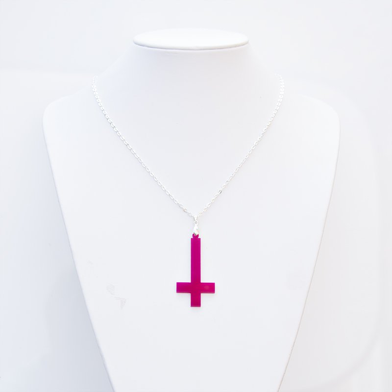 Hot Pink Acrylic Upside Down Inverted Cross (St Peter/Petrine) Necklace