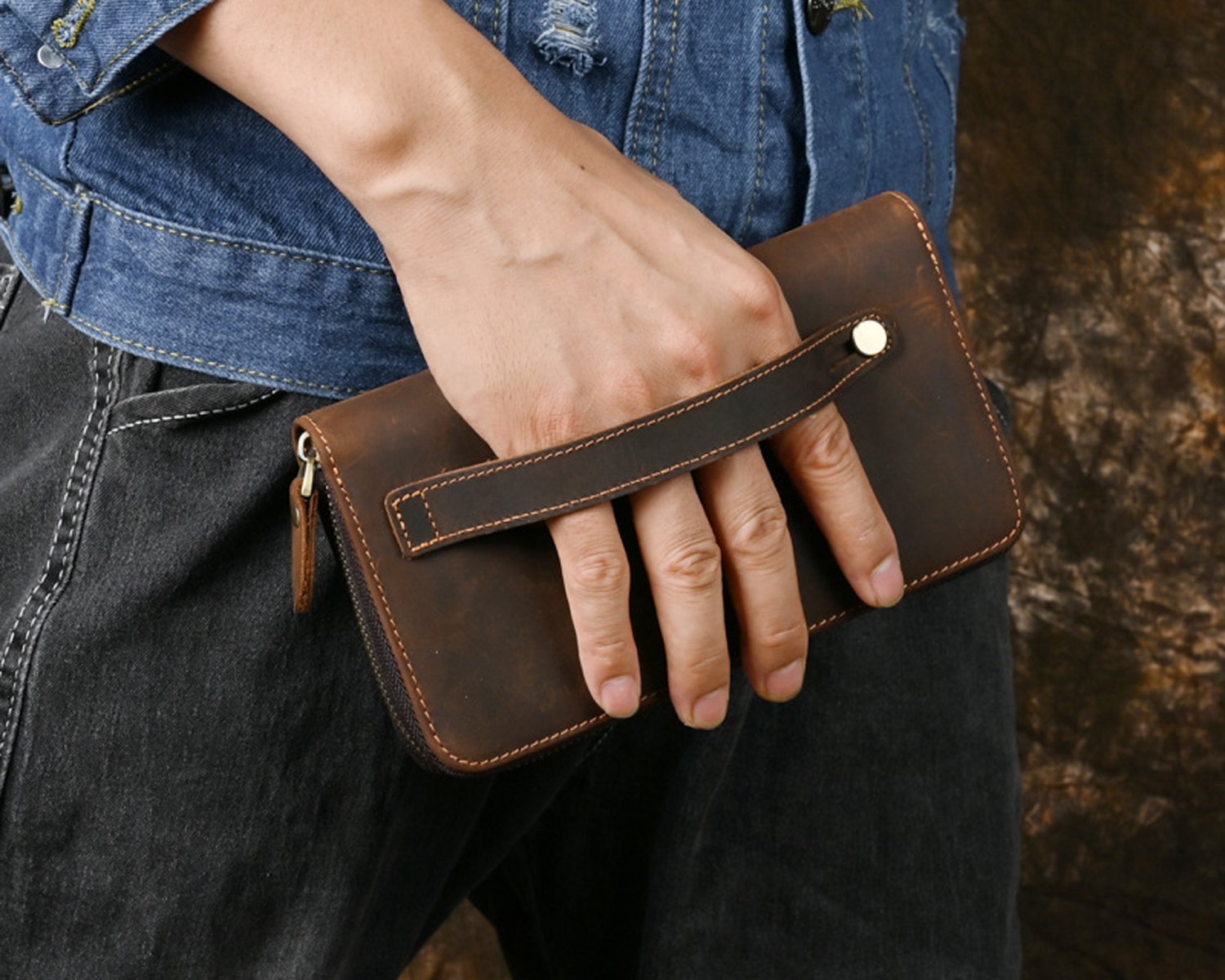 Crazy Horse Leather Hand Clutch with Handle, Genuine Leather Wallet Bag ...