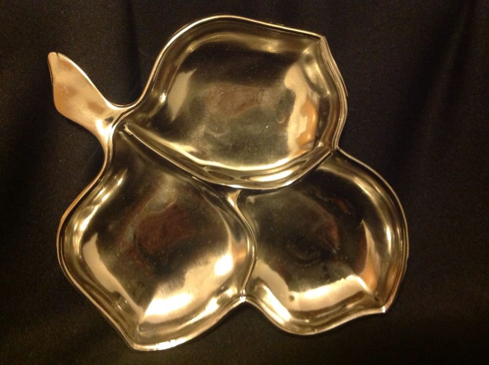 Vintage Mid-Century Silver Overlay 3 Part Divided Leaf Shaped Relish ...