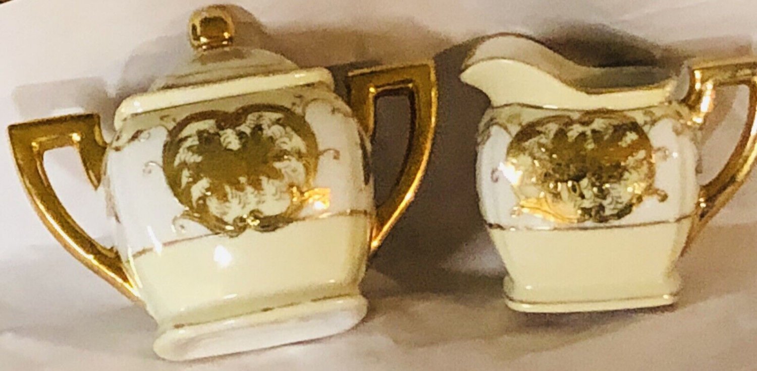 Japan Porcelain Creamer & Sugar Bowl Set Gilt Gold Flower Pattern Vintage