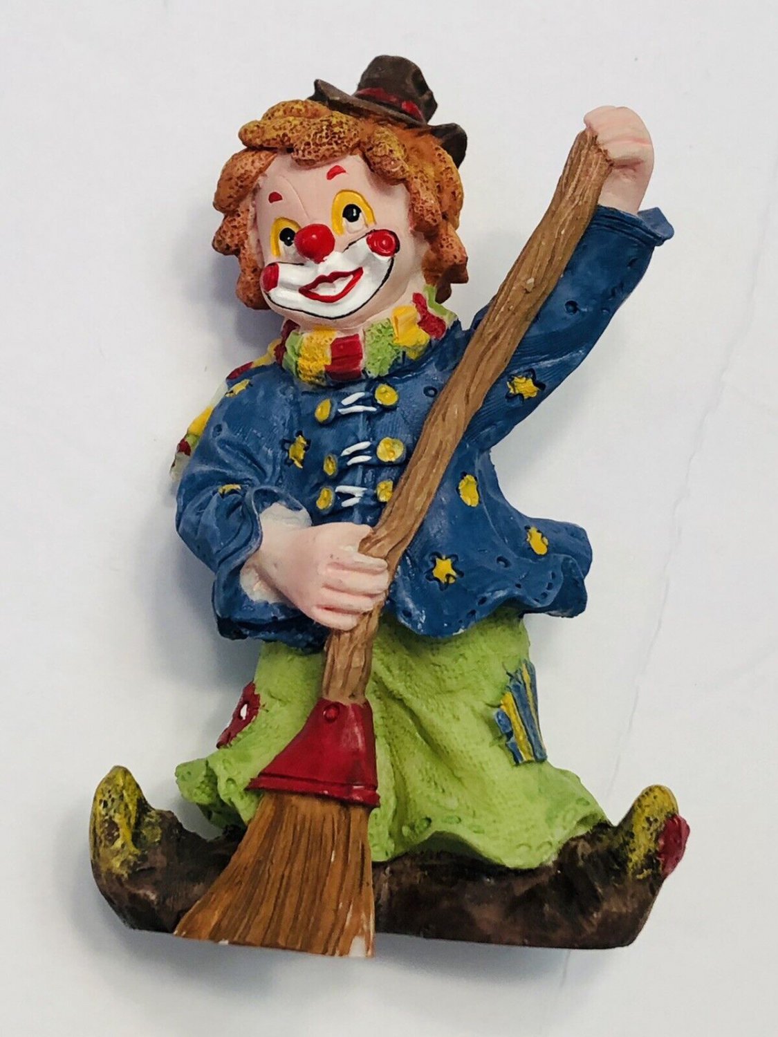 Circus Clown Holding Sweeping With Broom Figurine Vintage