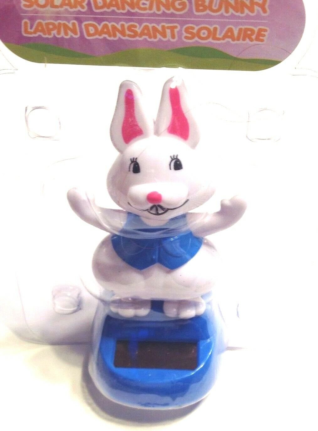 Easter Bunny Solar Figurine Sun Powered Blue Vest Moves in Sunlight