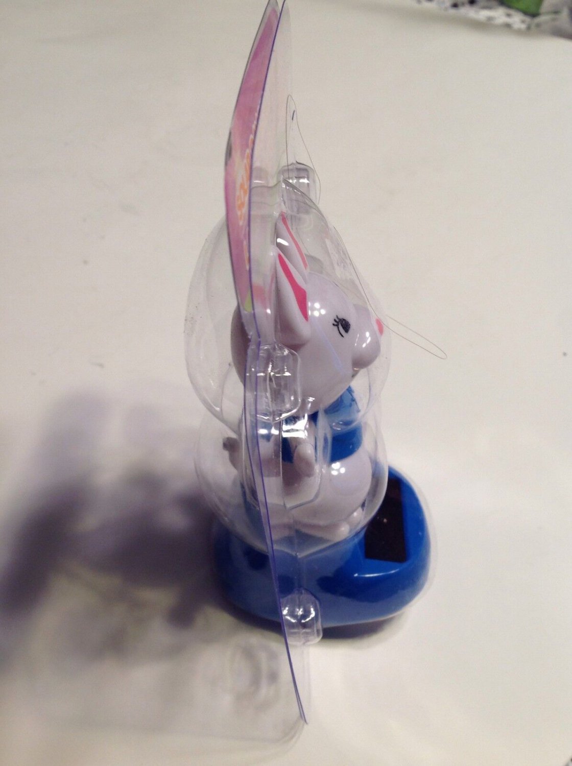 Easter Bunny Solar Figurine Sun Powered Blue Vest Moves in Sunlight