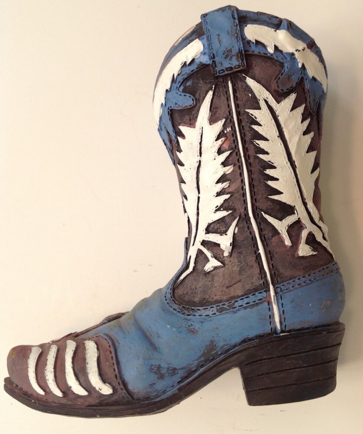 Vintage Cowboy Boot Figurine Blue Brown White Western Pattern