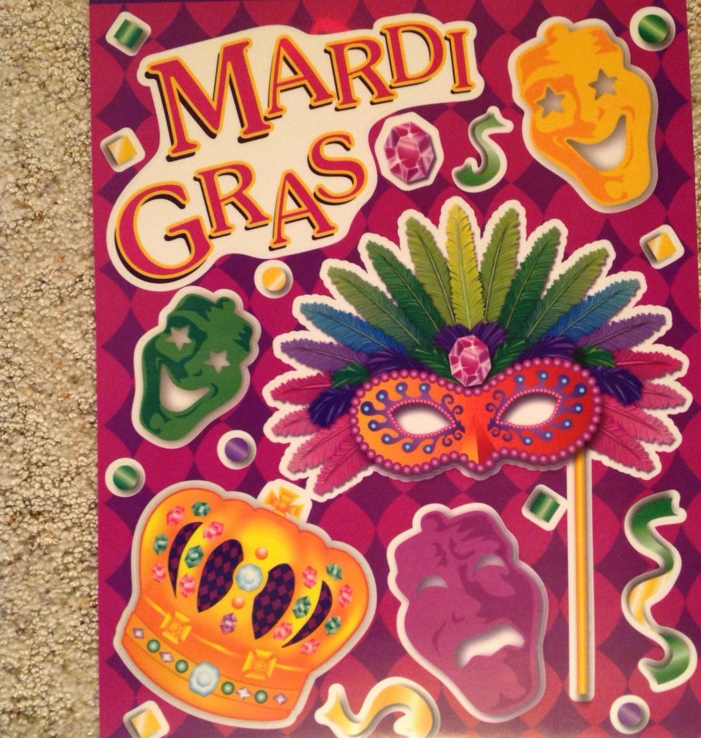Mardi Gras Static Window Clings Purple Green Masks Sheet of 20