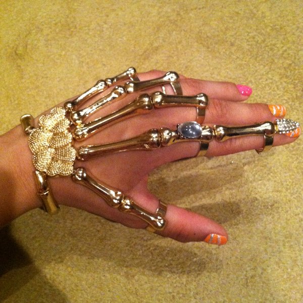 GOLD w/CLEAR STONE SKELETON HAND BONE TALON CLAW SKULL BRACELET CUFF ...