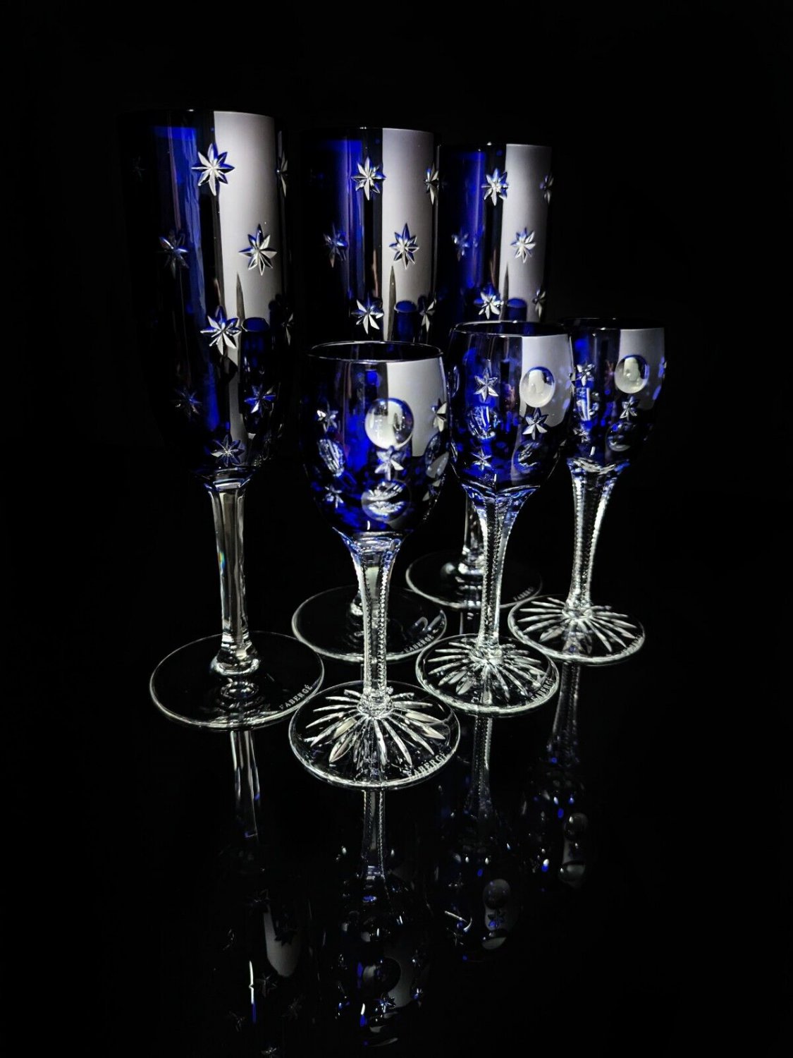 Faberge Galaxie Cobalt Blue Crystal Flutes & Cordials Glasses Set of 6