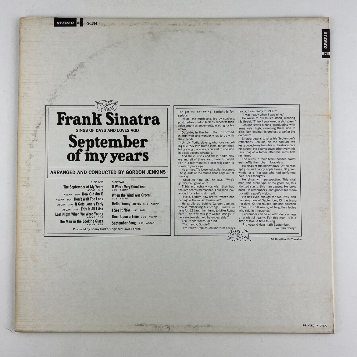 Frank Sinatra – September Of My Years Vinyl LP Record Album FS 1014