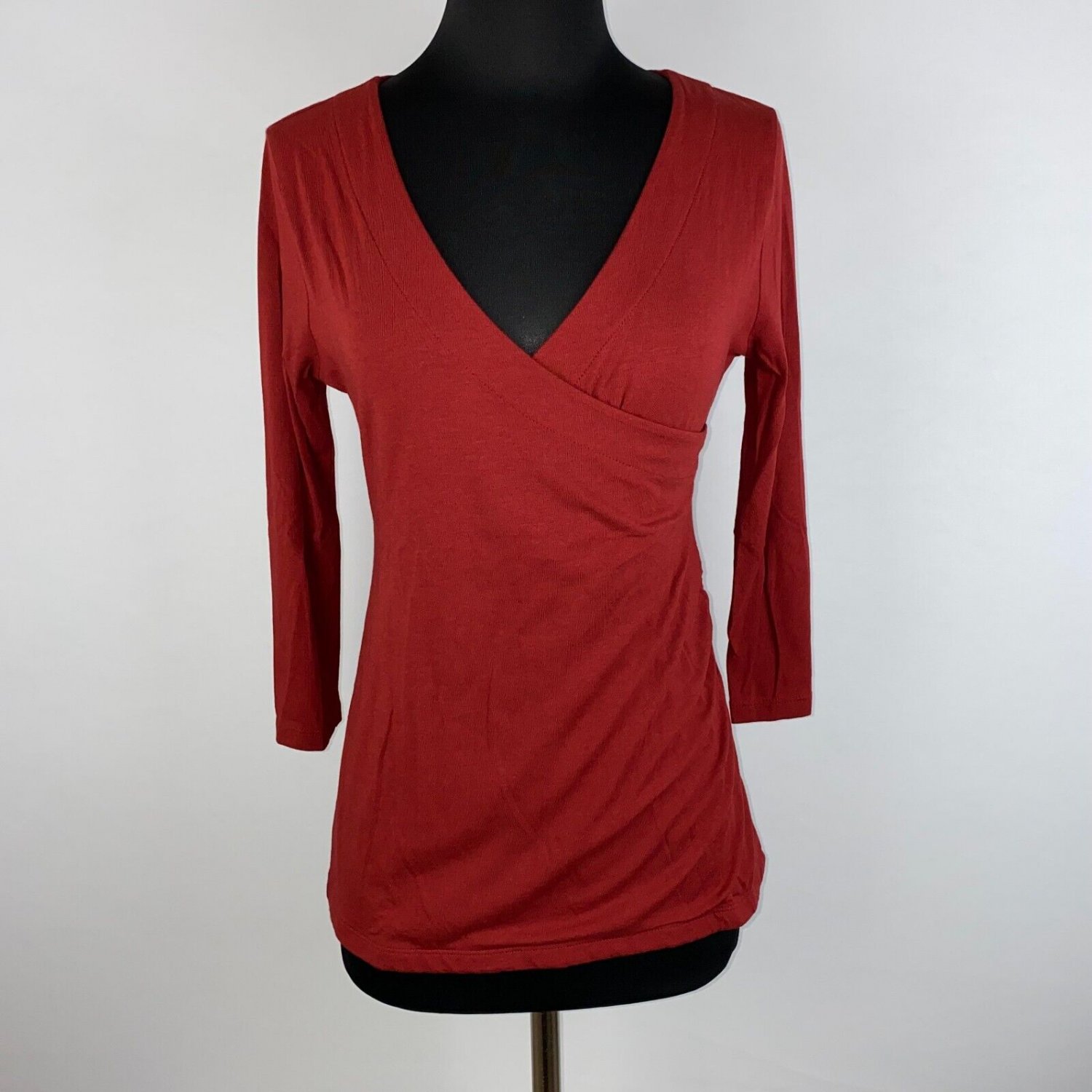 Soft Surroundings Womens XS Red Shapely Surplice Faux Wrap Top 3/4 Sleeves
