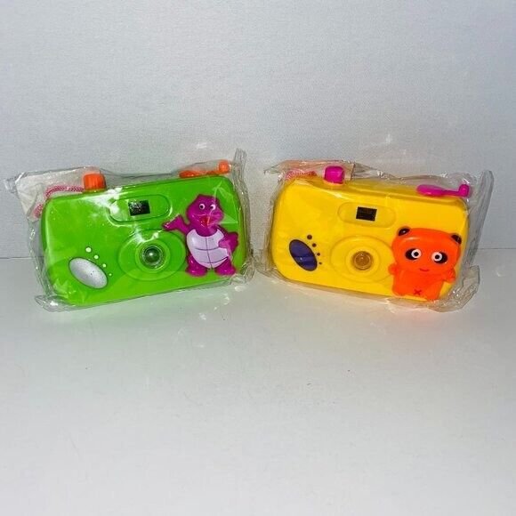2 Kids Pretend Play Toy Cameras Dinosaur and Orange Panda Bear New