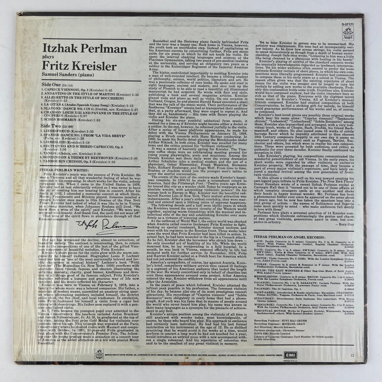 Itzhak Perlman Plays Fritz Kreisler Vinyl LP Record Album S-37171