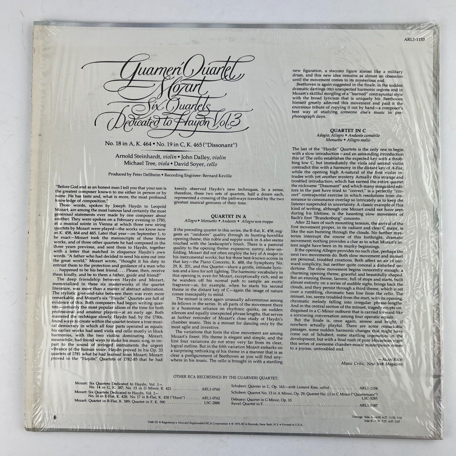 Guarneri Quartet Mozart Six Quartets Dedicated To Haydn Vol 3 Quartet No 18 LP