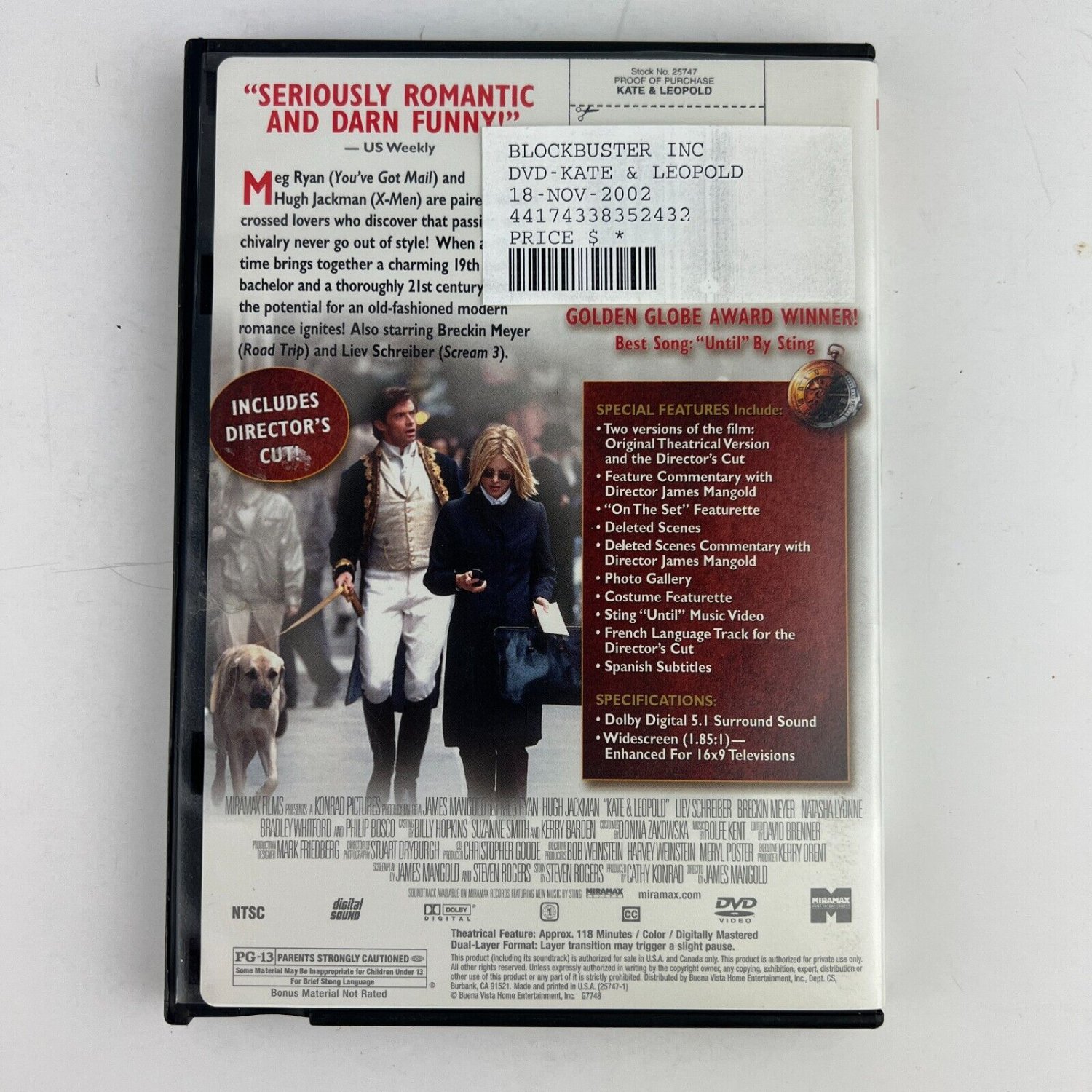 Kate & Leopold DVD Meg Ryan, Hugh Jackman, Liev Schreiber