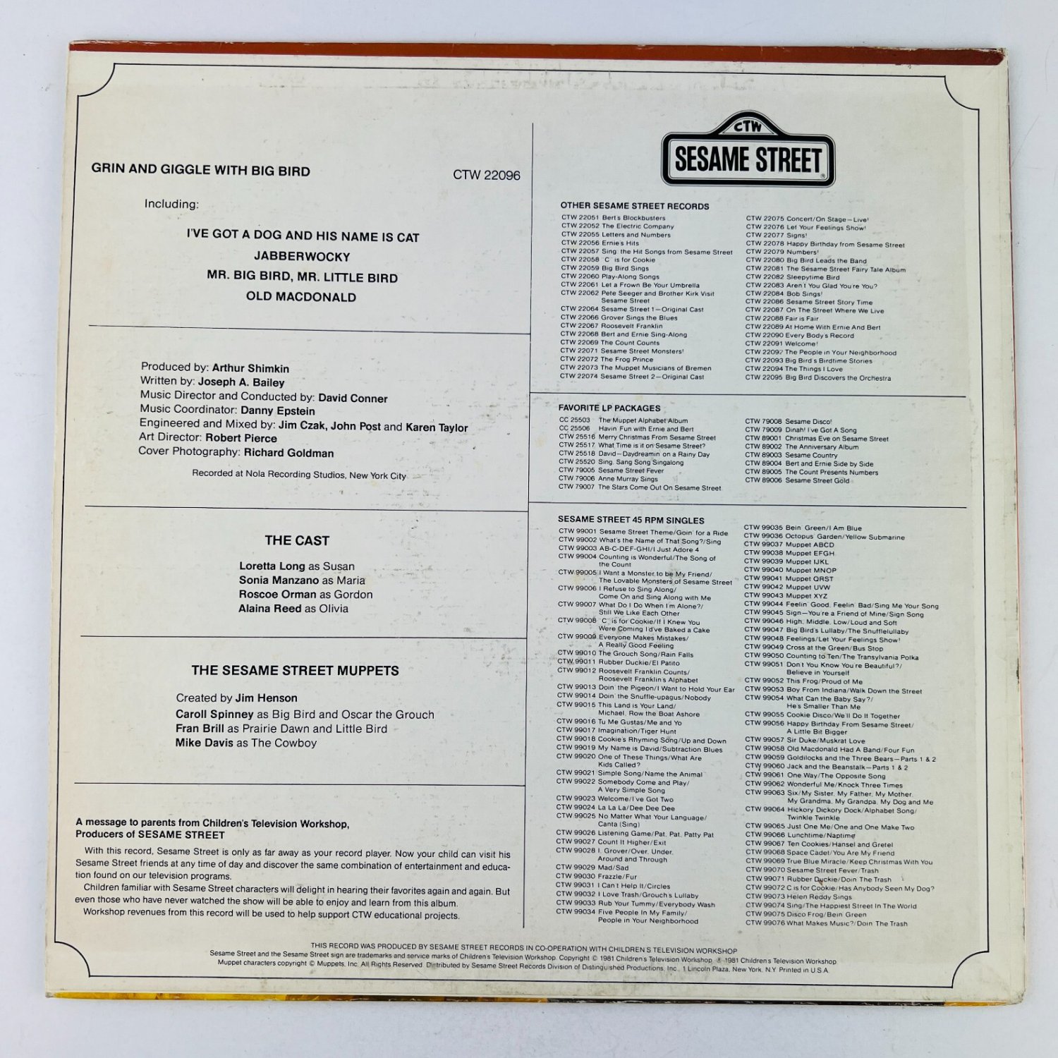 Sesame Street Big Bird – Grin & Giggle With Big Bird Vinyl LP Record ...