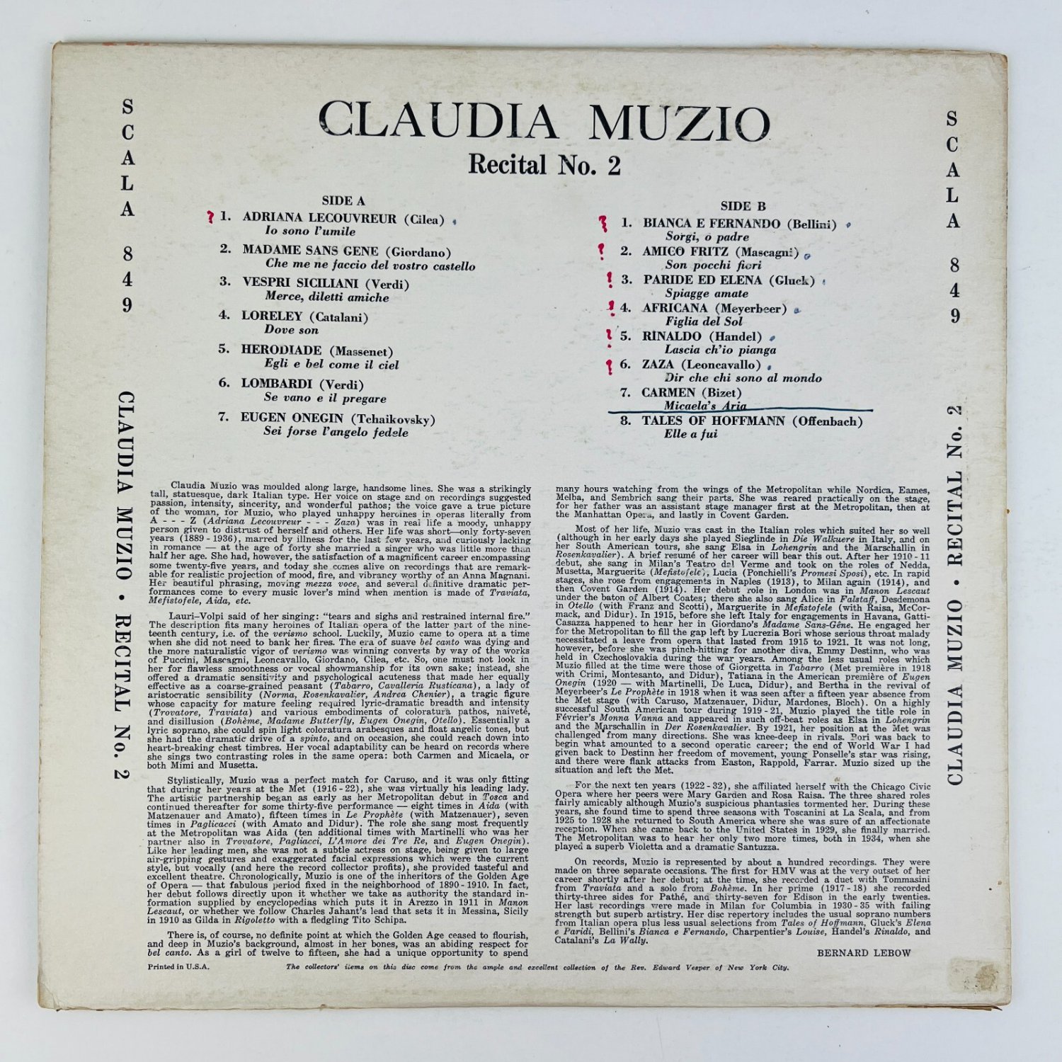 Claudia Muzio – Recital No 2 Vinyl LP Record Album SCALA 849