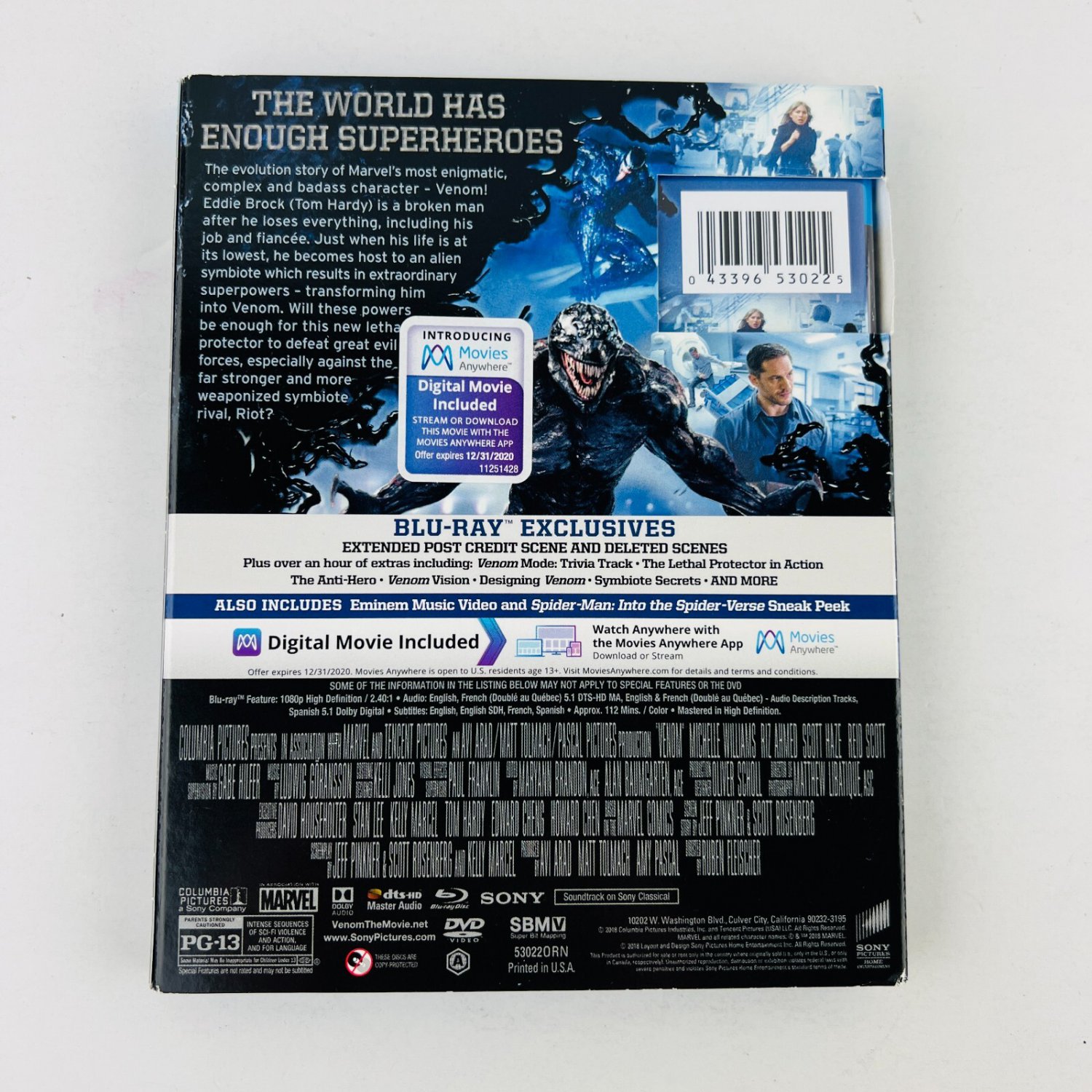 Venom Blu-ray / DVD Set Tom Hardy, Michelle Williams, Riz Ahmed