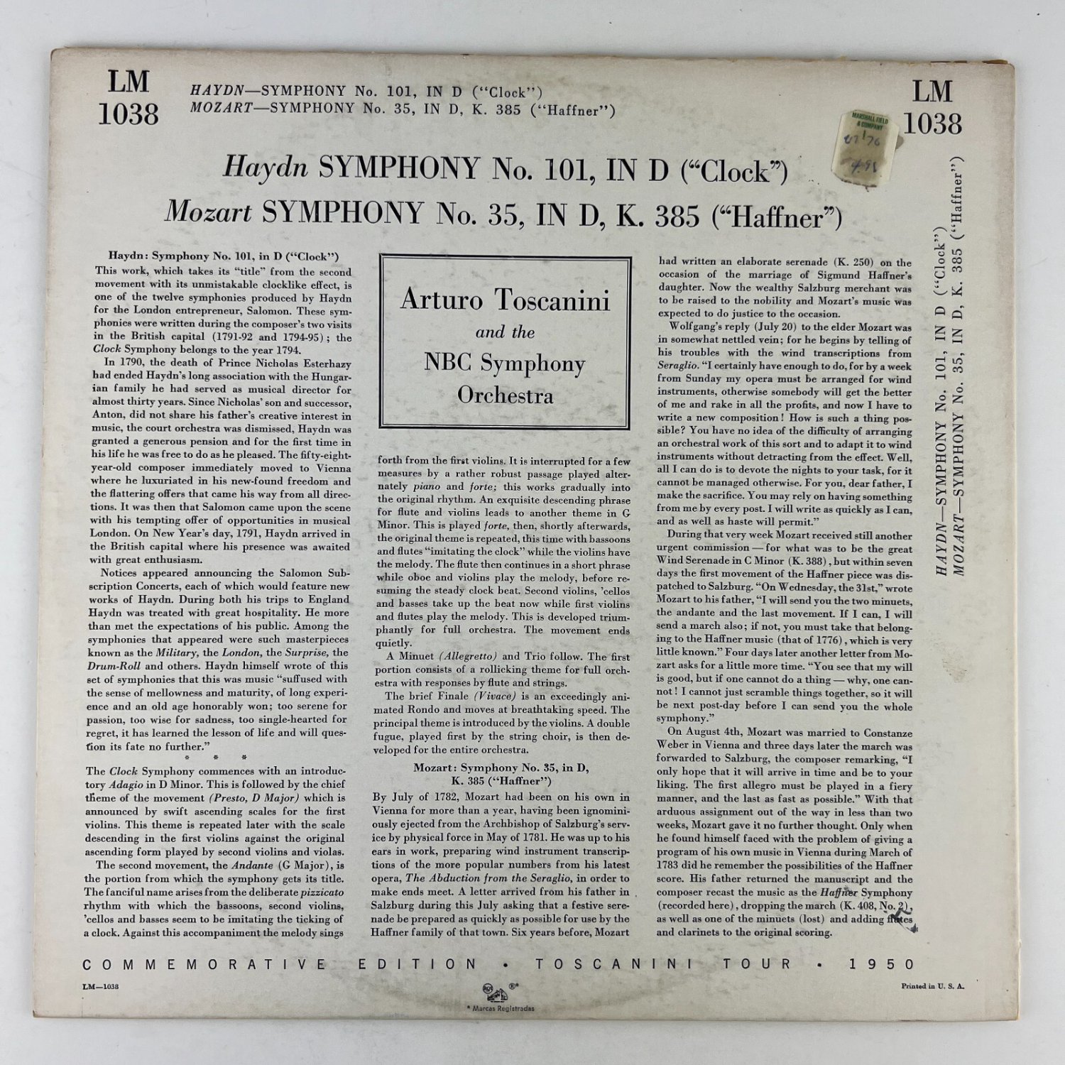 Toscanini Haydn / Mozart Clock / Haffner Vinyl LP Record Album MONO LM-1038