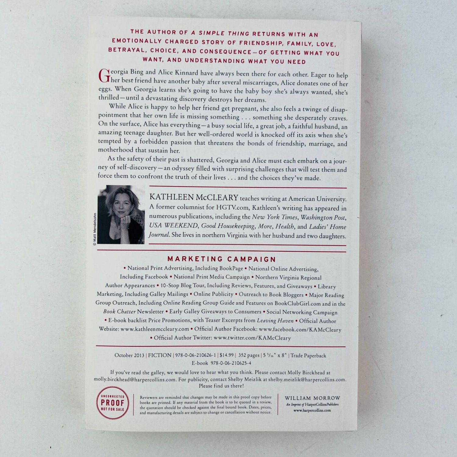 Kathleen McCleary Leaving Haven: A Novel Paperback Uncorrected Proof ARC