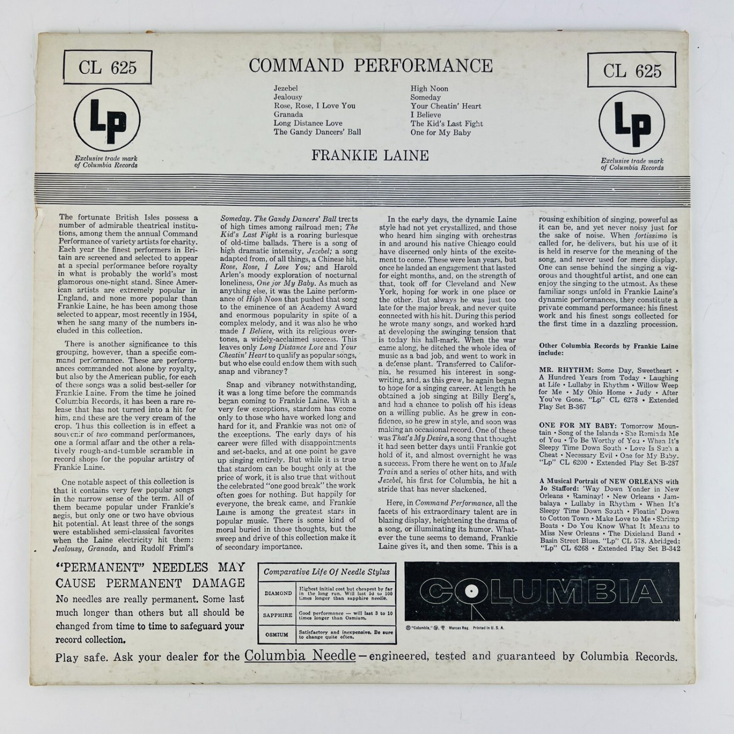 Frankie Laine – Command Performance Vinyl LP Record Album CL-625