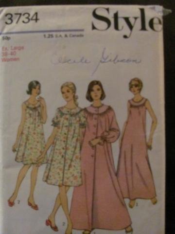 Style 3734 Sewing Pattern 1972 Nightgown, Housecoat Pattern XL